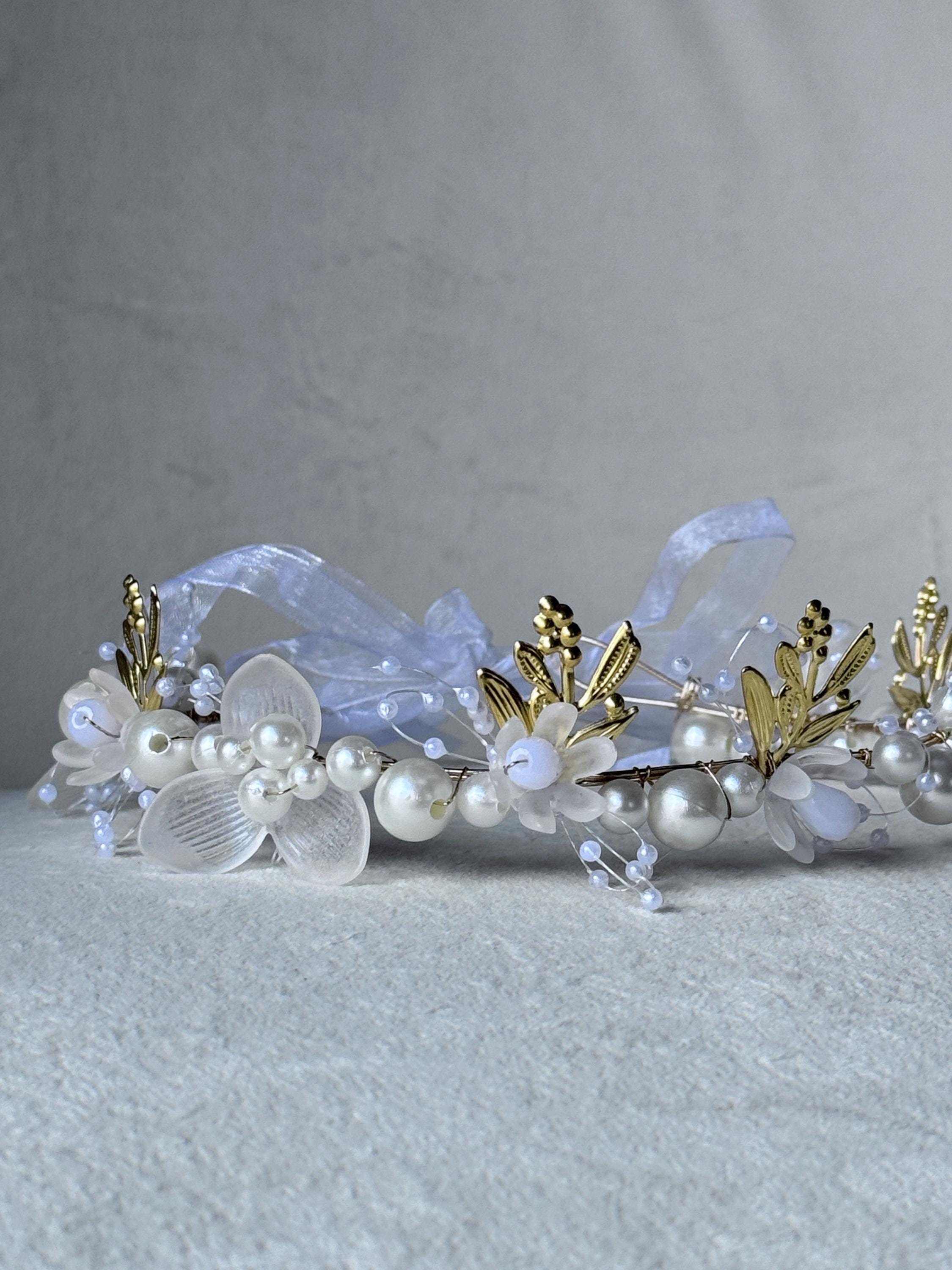 White Pearl Ribbon Flower Crown, Bridal Floral Headband, Elegant Flower ...