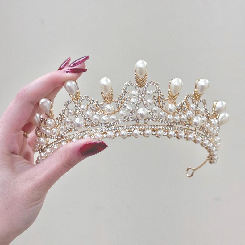 Elegant Gold Pearl Bridal Tiara | Crystal and Pearl Wedding Crown ...