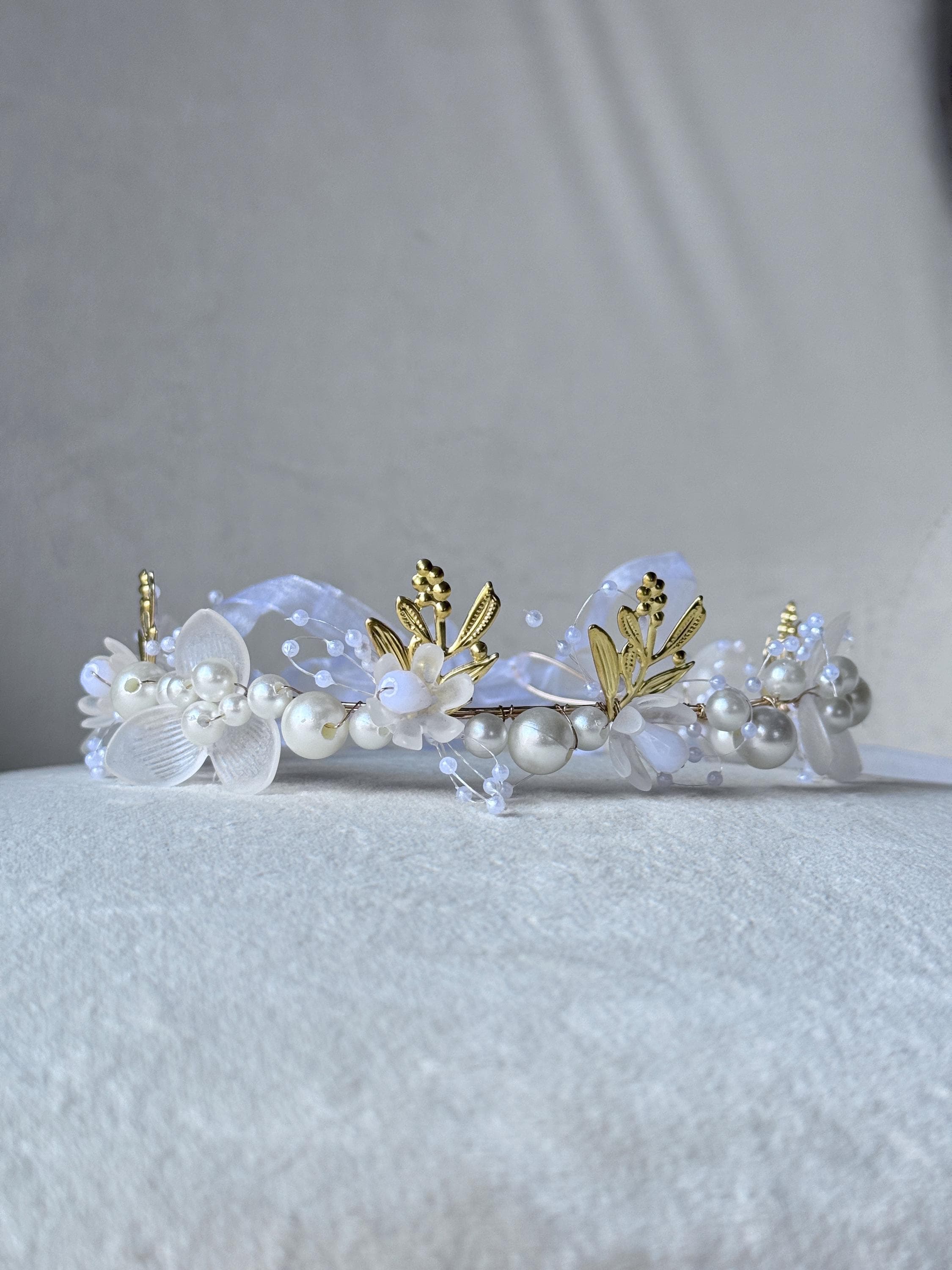 White Pearl Ribbon Flower Crown, Bridal Floral Headband, Elegant Flower ...