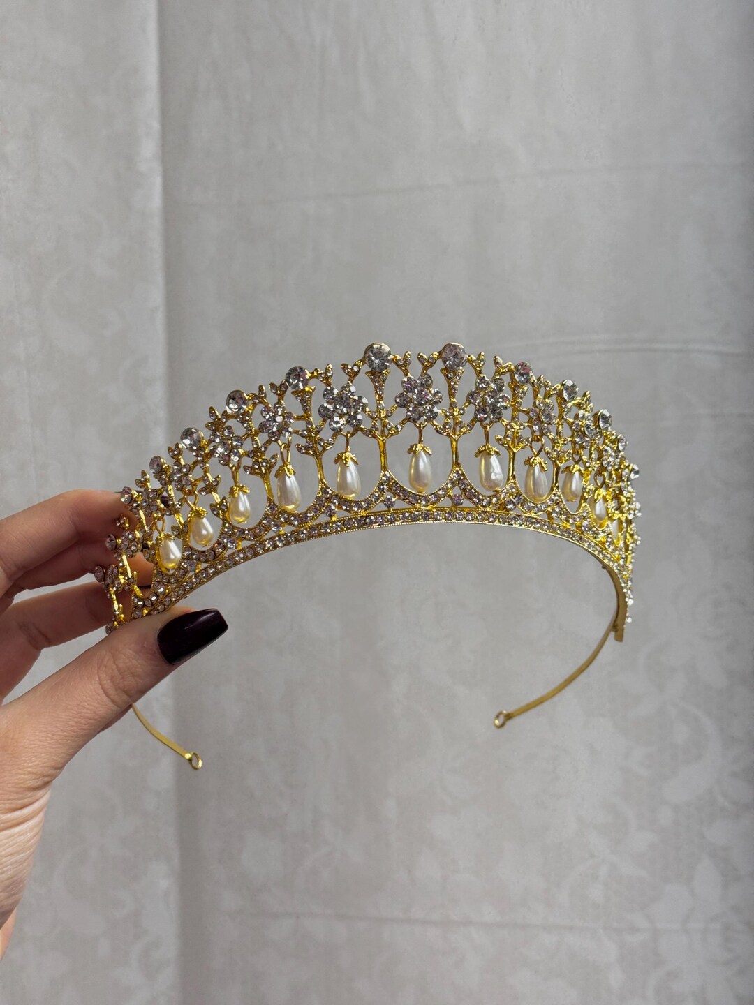 Bridal Gold Tiara, Dangling Pearl Wedding Crown, Crystal Rhinestone ...