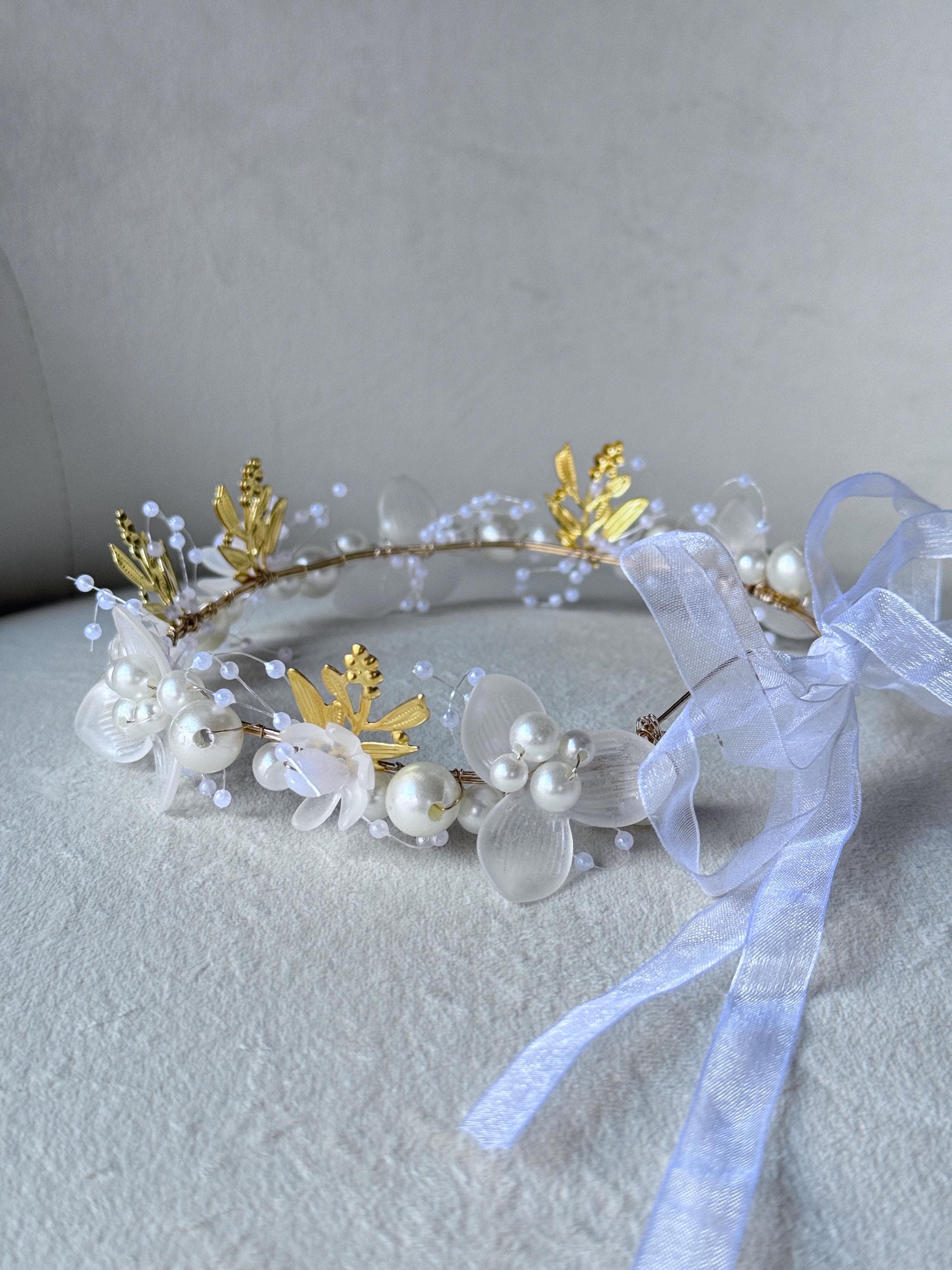 White Pearl Ribbon Flower Crown, Bridal Floral Headband, Elegant Flower ...