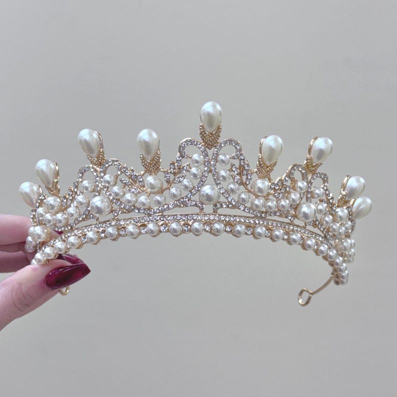 Elegant Gold Pearl Bridal Tiara | Crystal and Pearl Wedding Crown ...