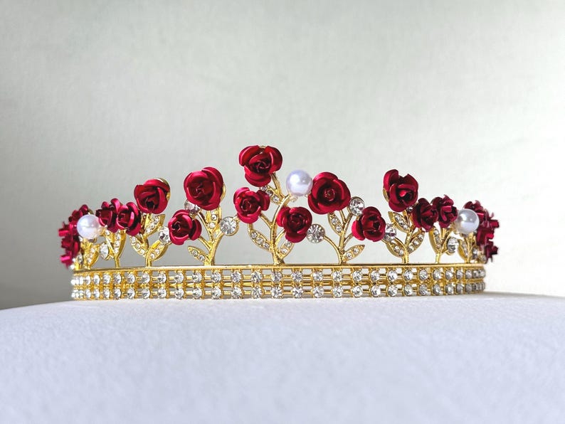 Red Rose Crown – Gold Floral Tiara With Pearls – Quinceañera Tiara ...