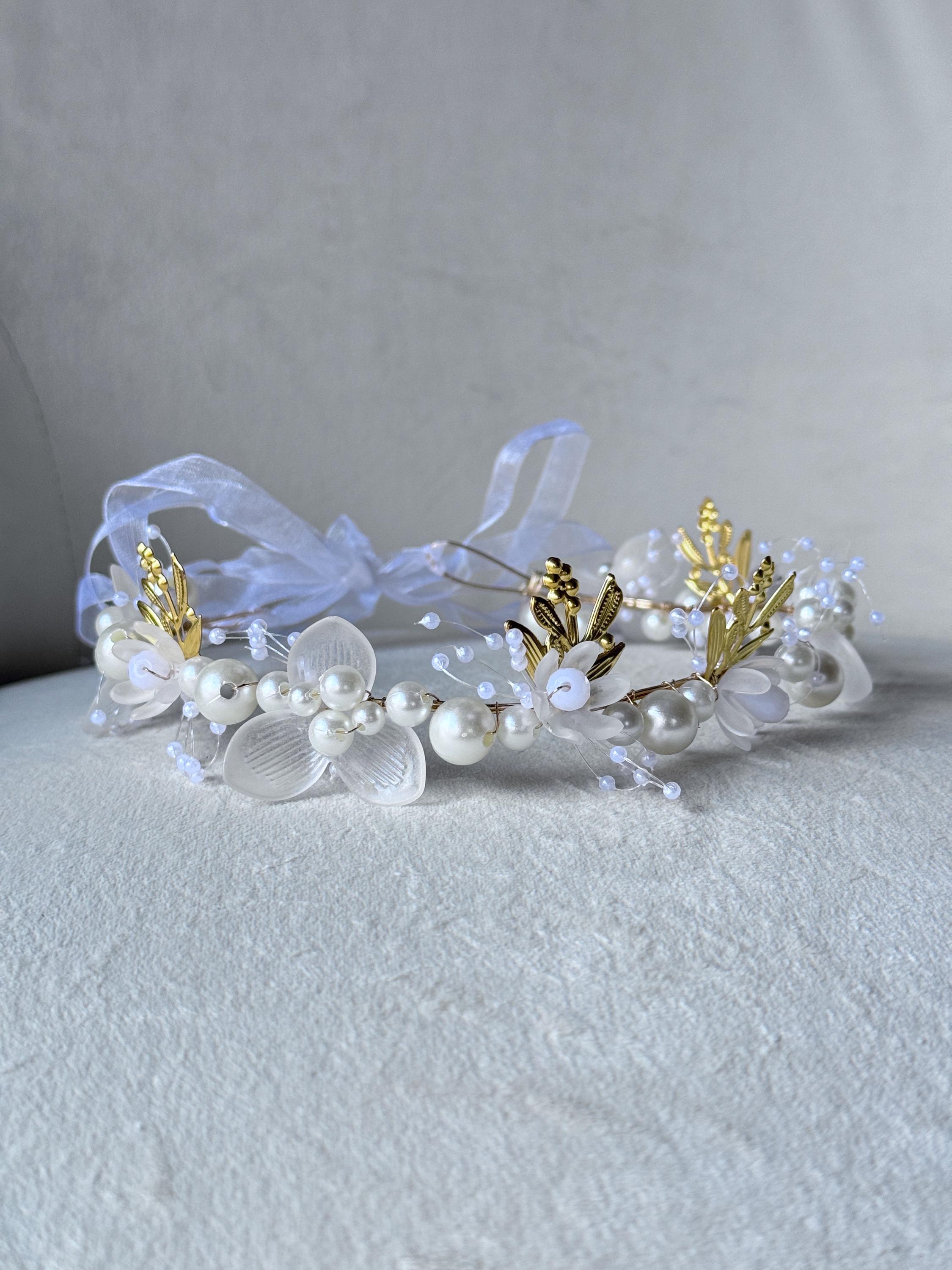White Pearl Ribbon Flower Crown, Bridal Floral Headband, Elegant Flower ...