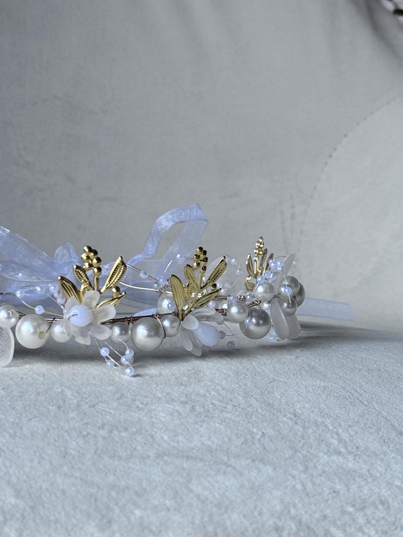 White Pearl Ribbon Flower Crown, Bridal Floral Headband, Elegant Flower ...