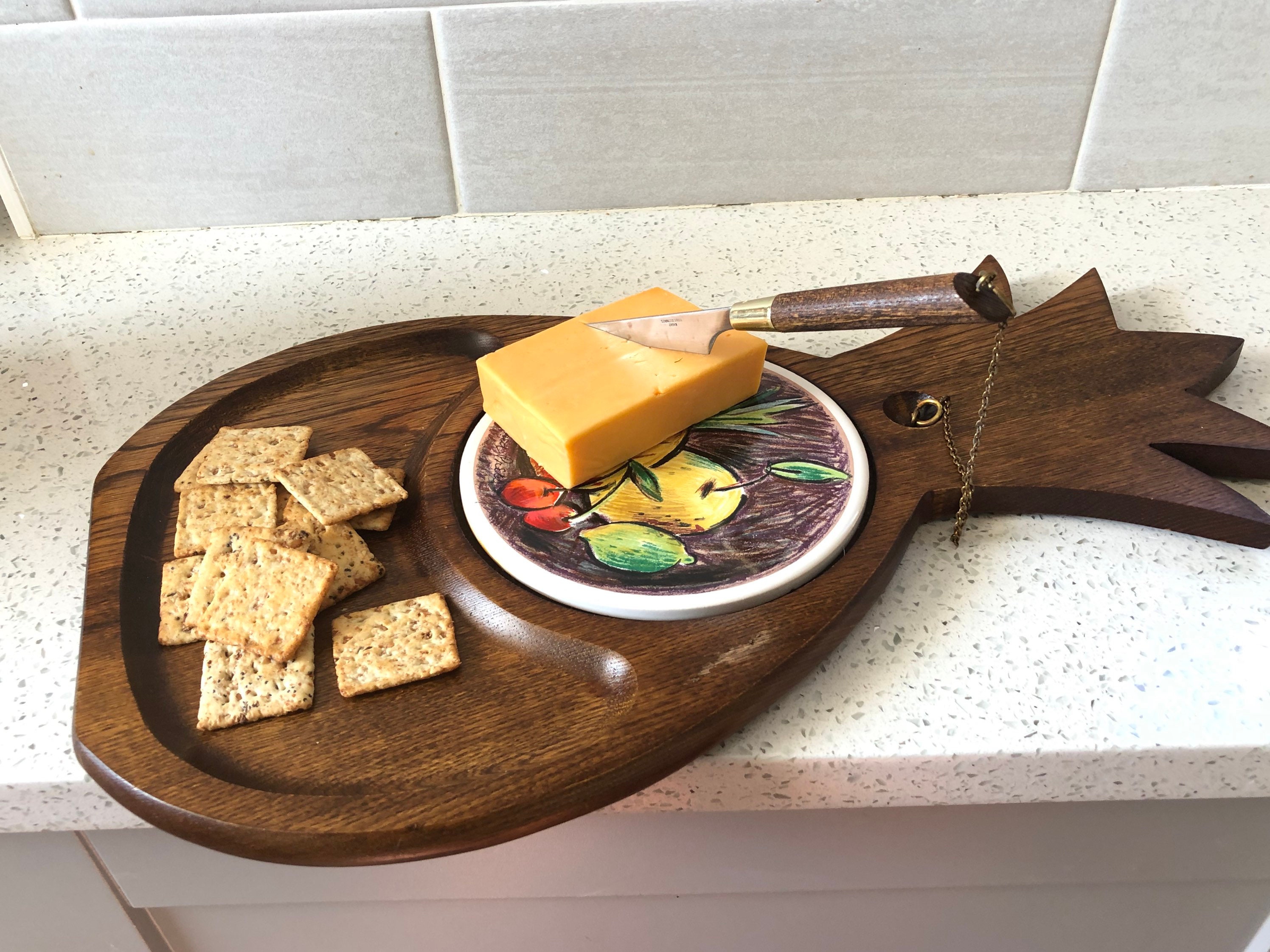 Fred Press Sere Wood MCM Pineapple Cheese and Cracker Tray With Knife ...