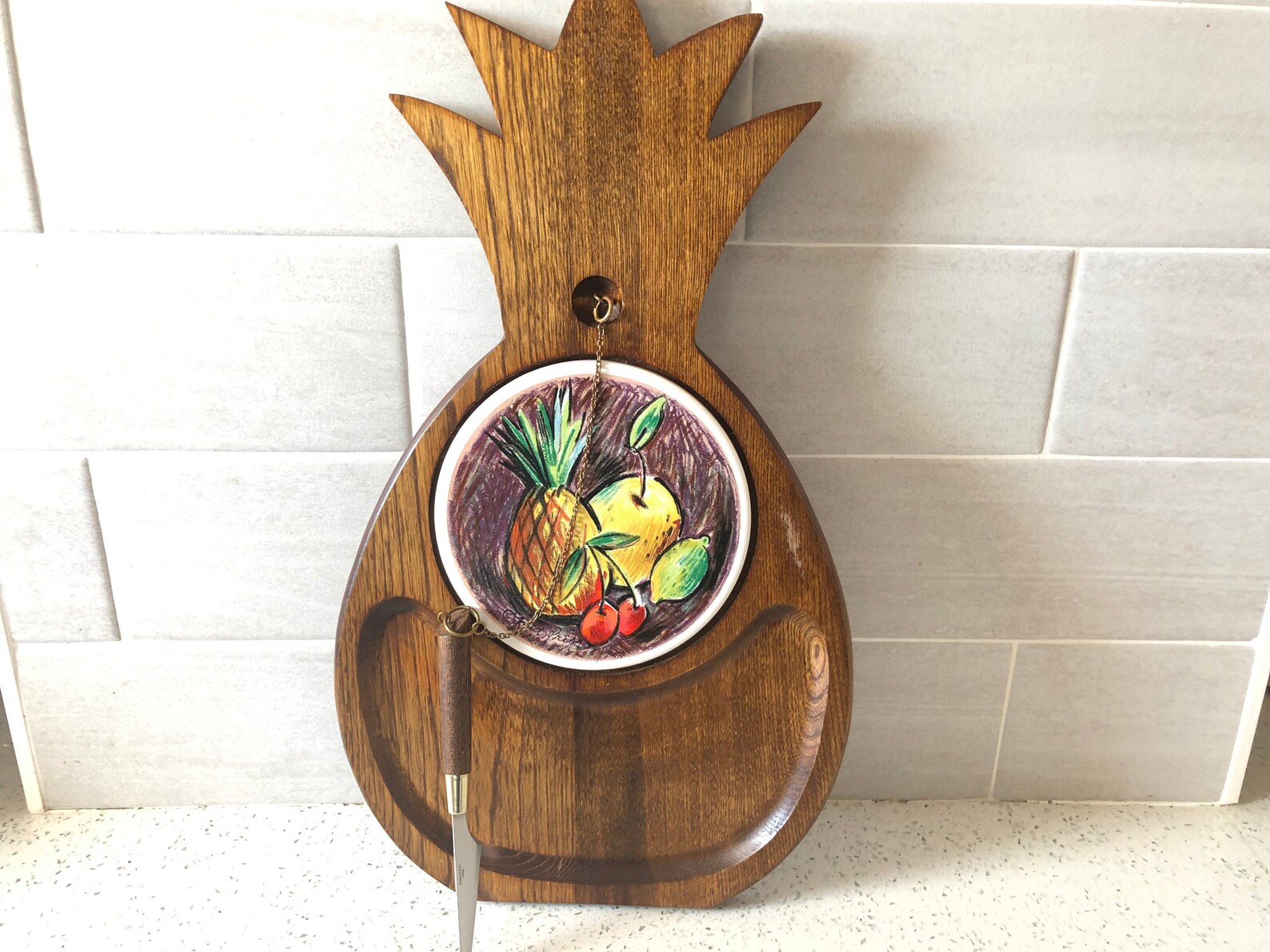 Fred Press Sere Wood MCM Pineapple Cheese and Cracker Tray With Knife ...