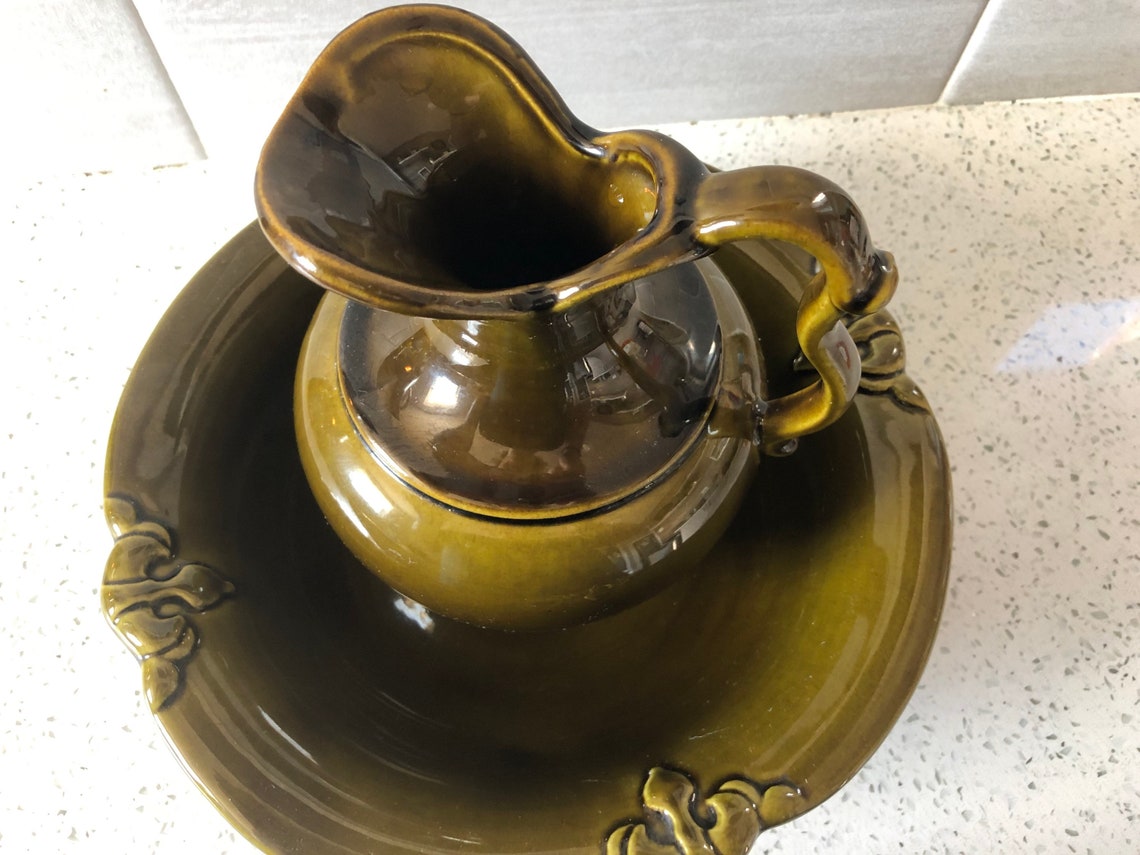Royal Haeger Pottery 4073 Pitcher & 3055 Basin Bowl Olive Green - Etsy