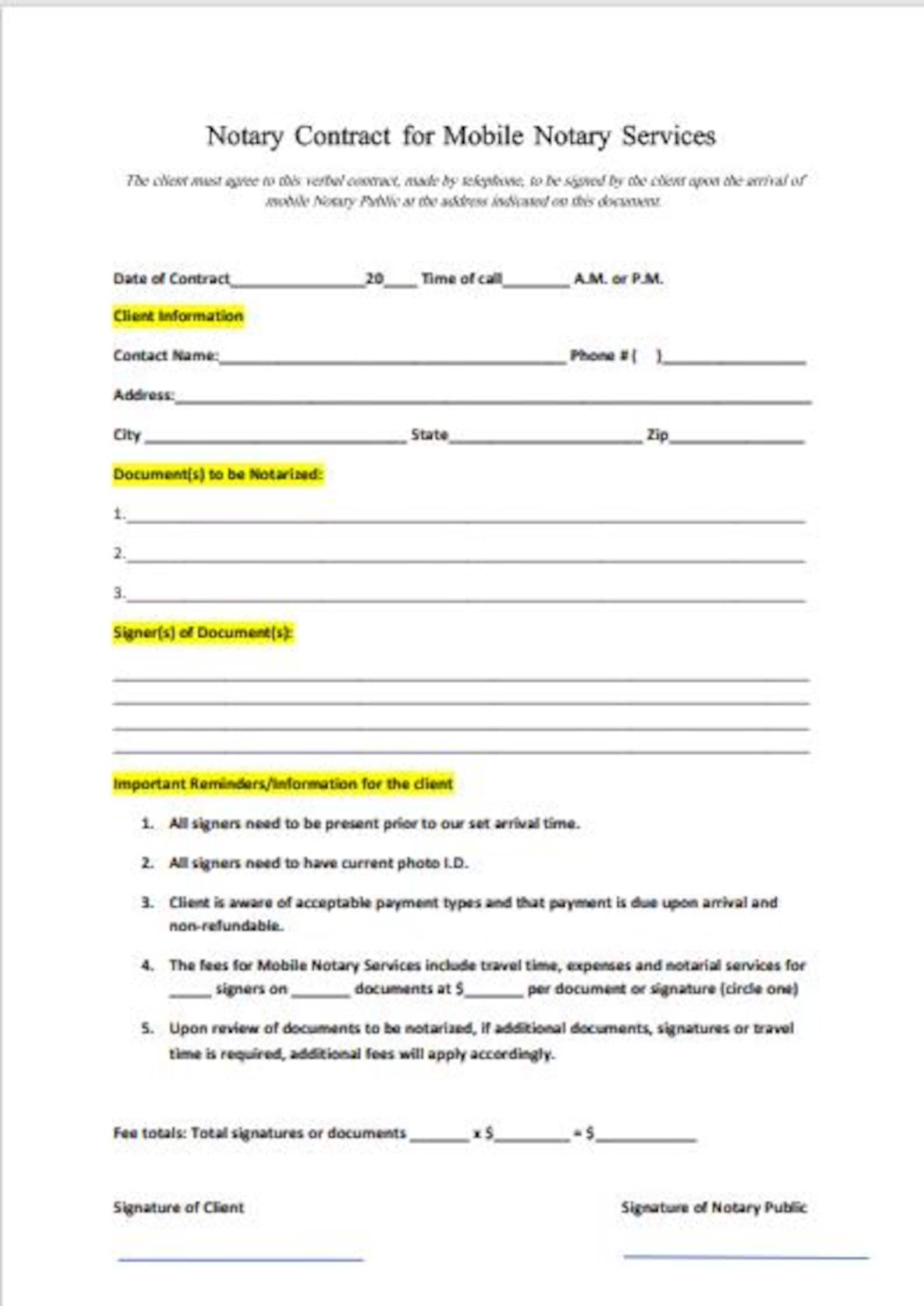 Mobile Notary Contract: Client Agreement Form (printable) - Etsy