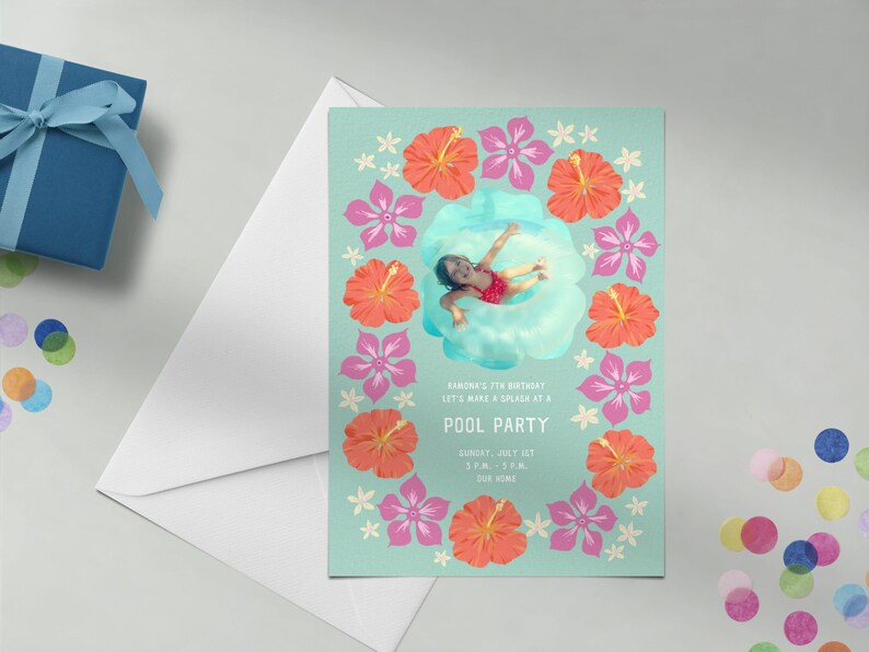 Pool Party Invitation | Graphic | Kids Birthday, Frame, Hibiscus, Pool ...