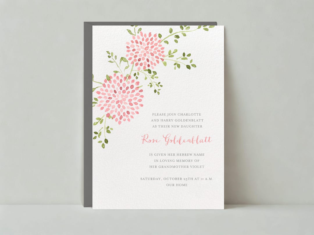 Baby Naming and Bris Party Invitation | Rustic | Flowers, Leaves, Pink ...
