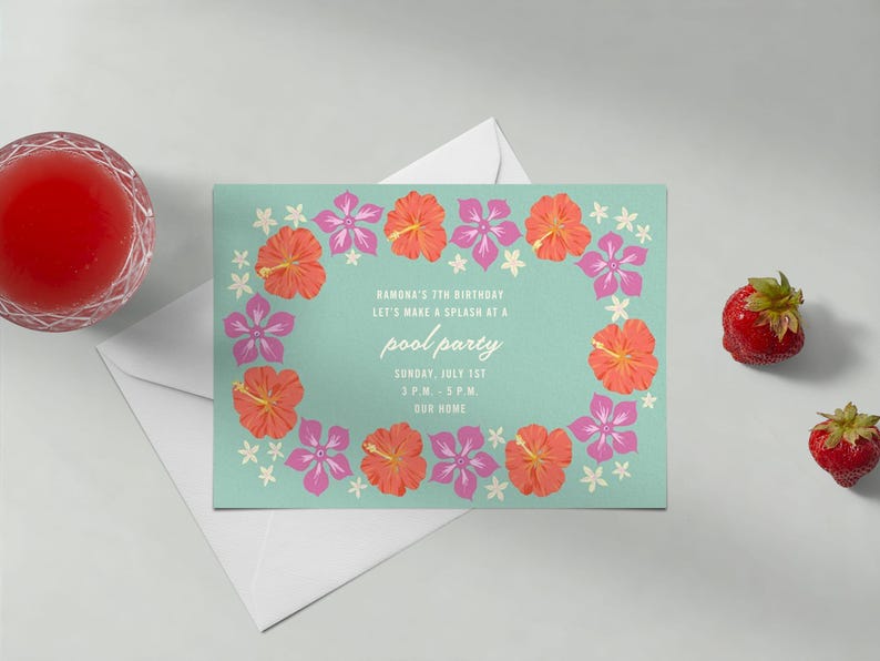 Pool Party Invitation | Graphic | Kids Birthday, Flowers, Hawaii ...