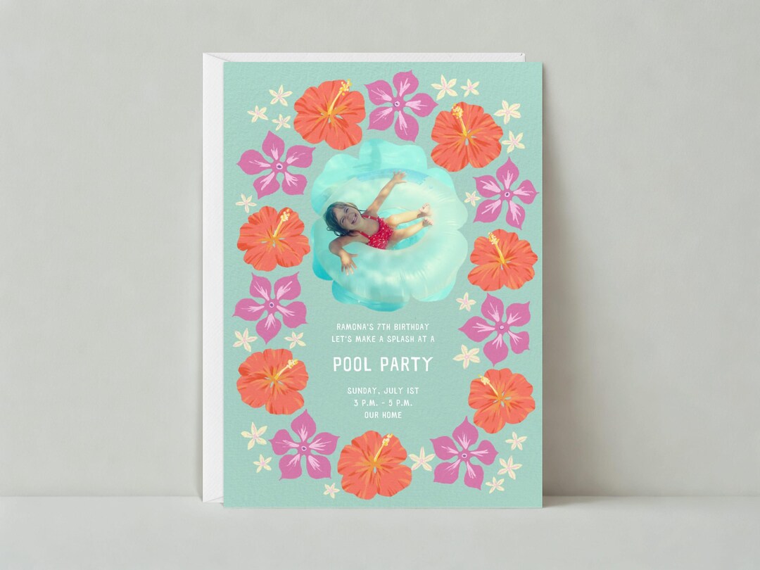 Pool Party Invitation | Graphic | Kids Birthday, Frame, Hibiscus, Pool ...