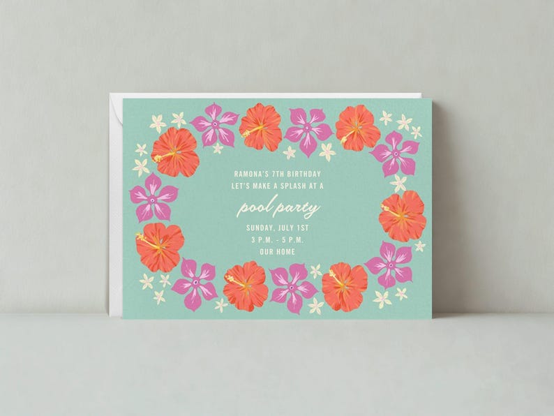 Pool Party Invitation | Graphic | Kids Birthday, Flowers, Hawaii ...