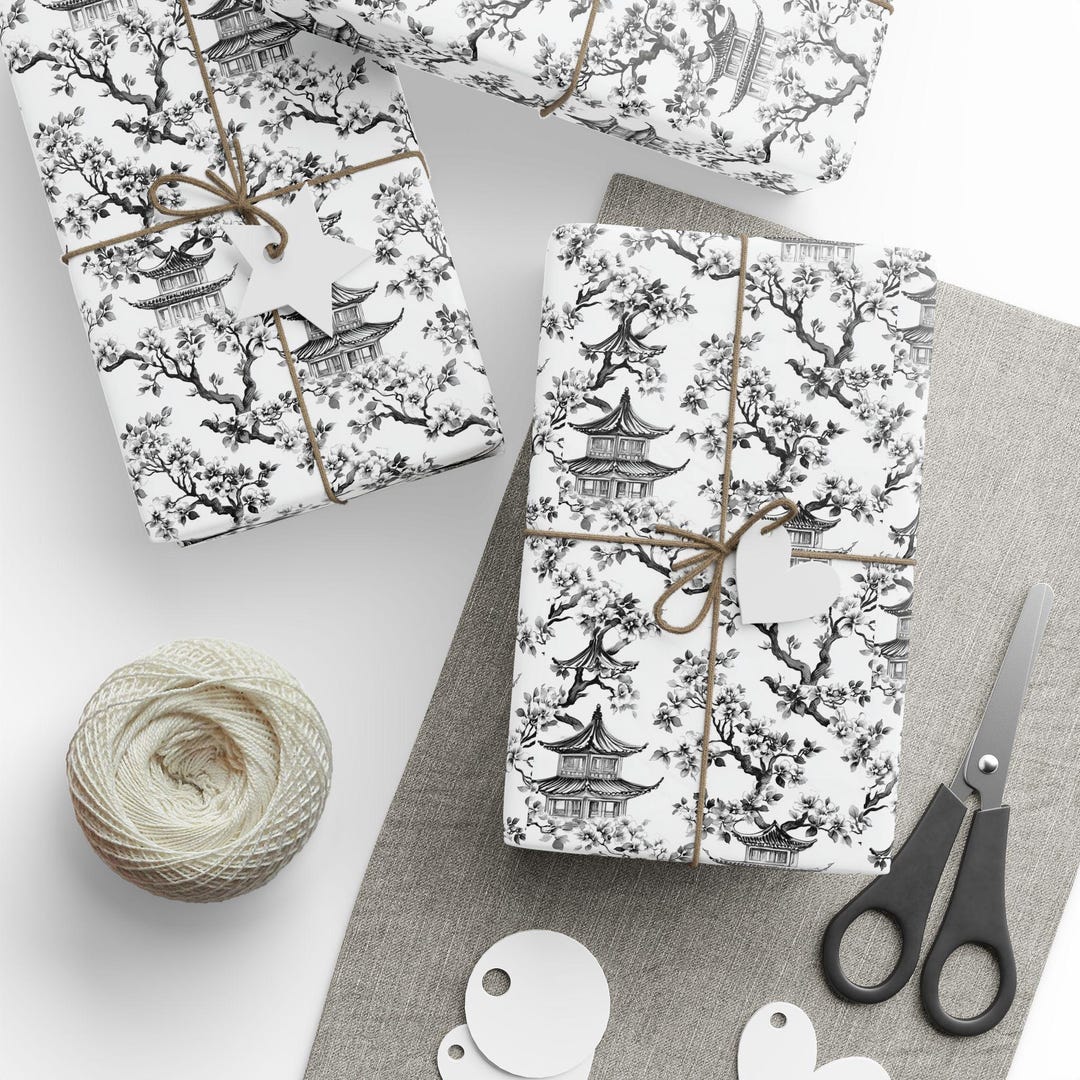 Black and White Chinoiserie Wrapping Paper, Illustrated Wrapping ...