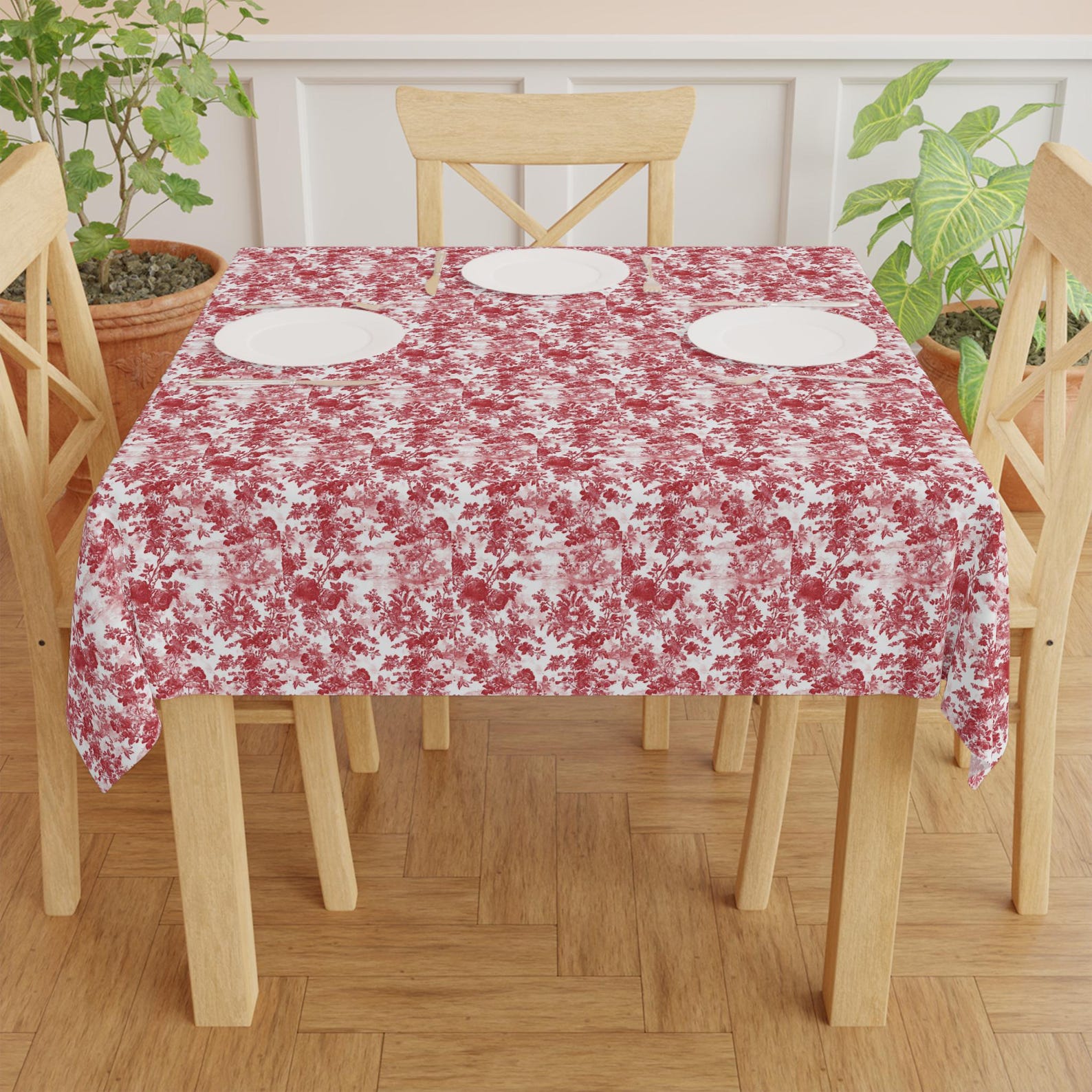 Toile De Jouy Red Tablecloth, Red Toile Table Cloth, Flower Toile ...