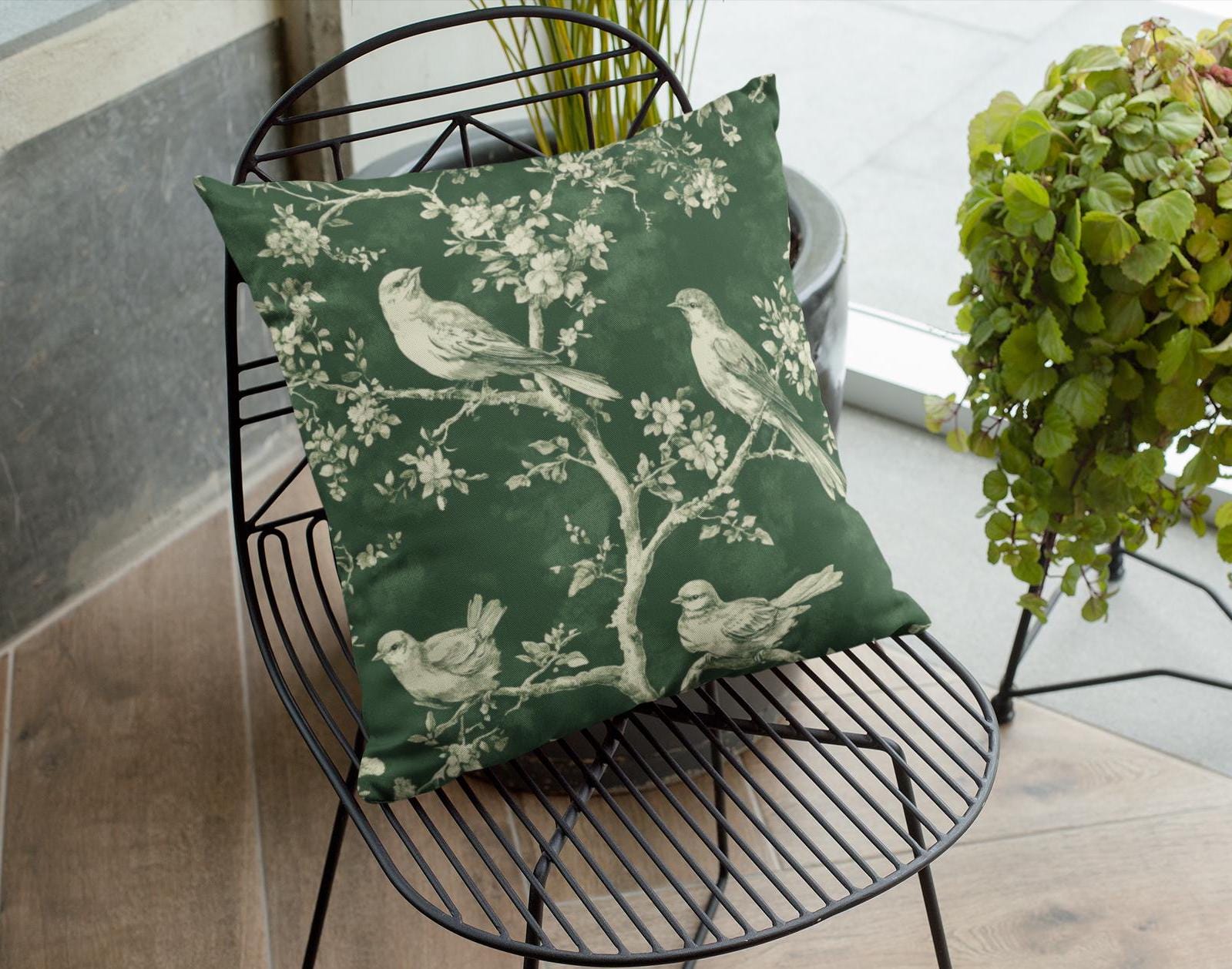 Green Bird Toile De Jouy Square Pillow, Green Toile Pillow, Toile Throw ...