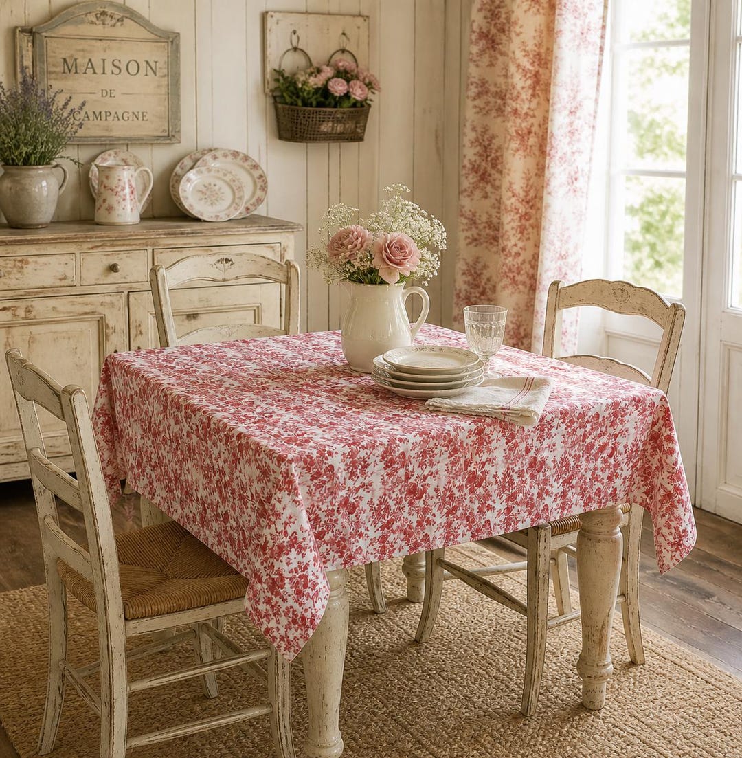 Toile De Jouy Red Tablecloth, Red Toile Table Cloth, Flower Toile ...