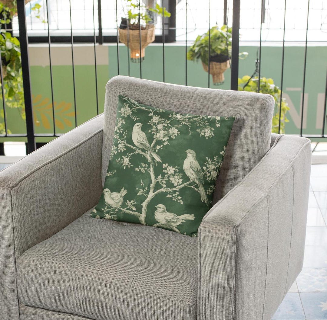 Green Bird Toile De Jouy Square Pillow, Green Toile Pillow, Toile Throw ...