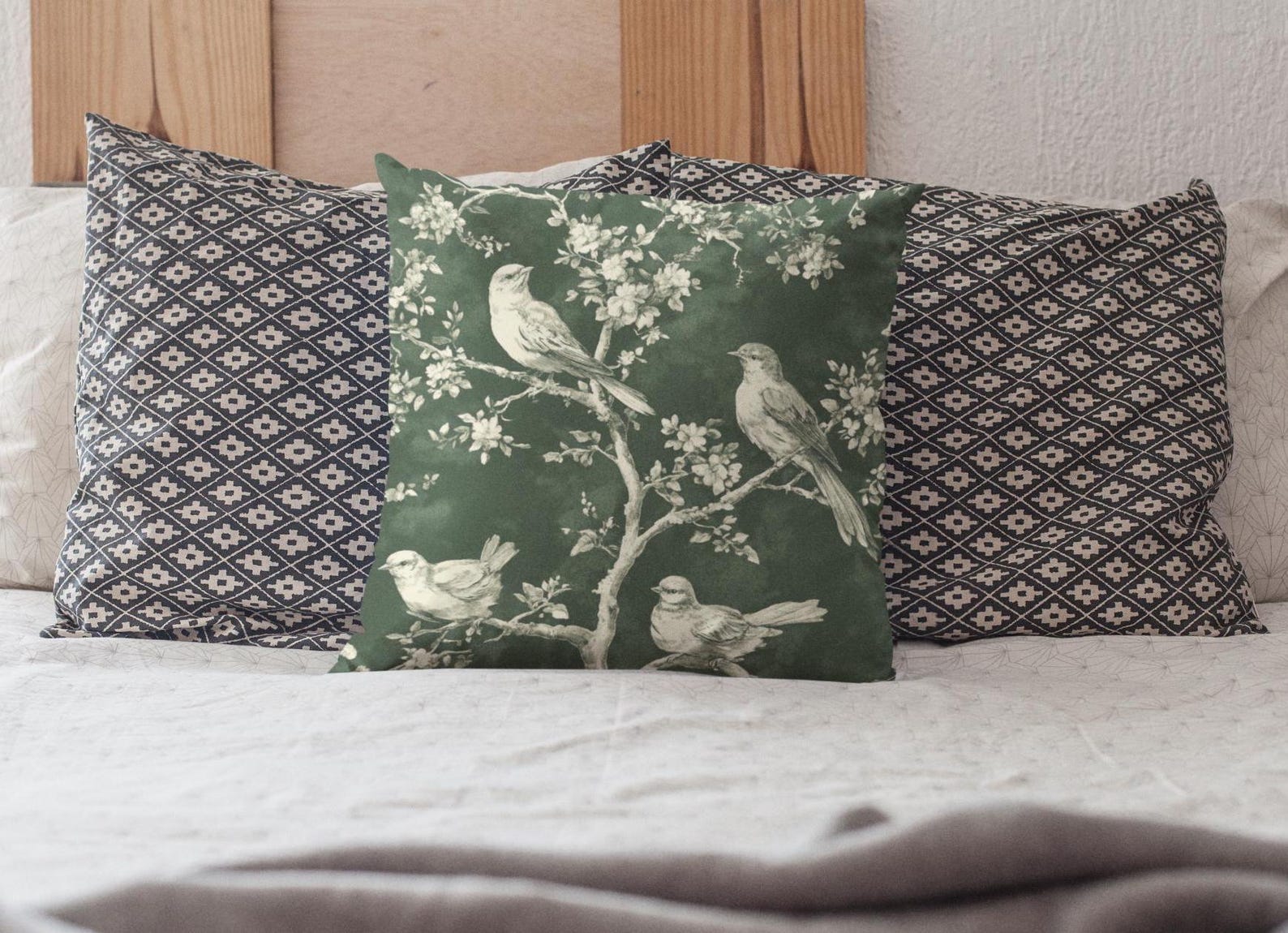 Green Bird Toile De Jouy Square Pillow, Green Toile Pillow, Toile Throw ...