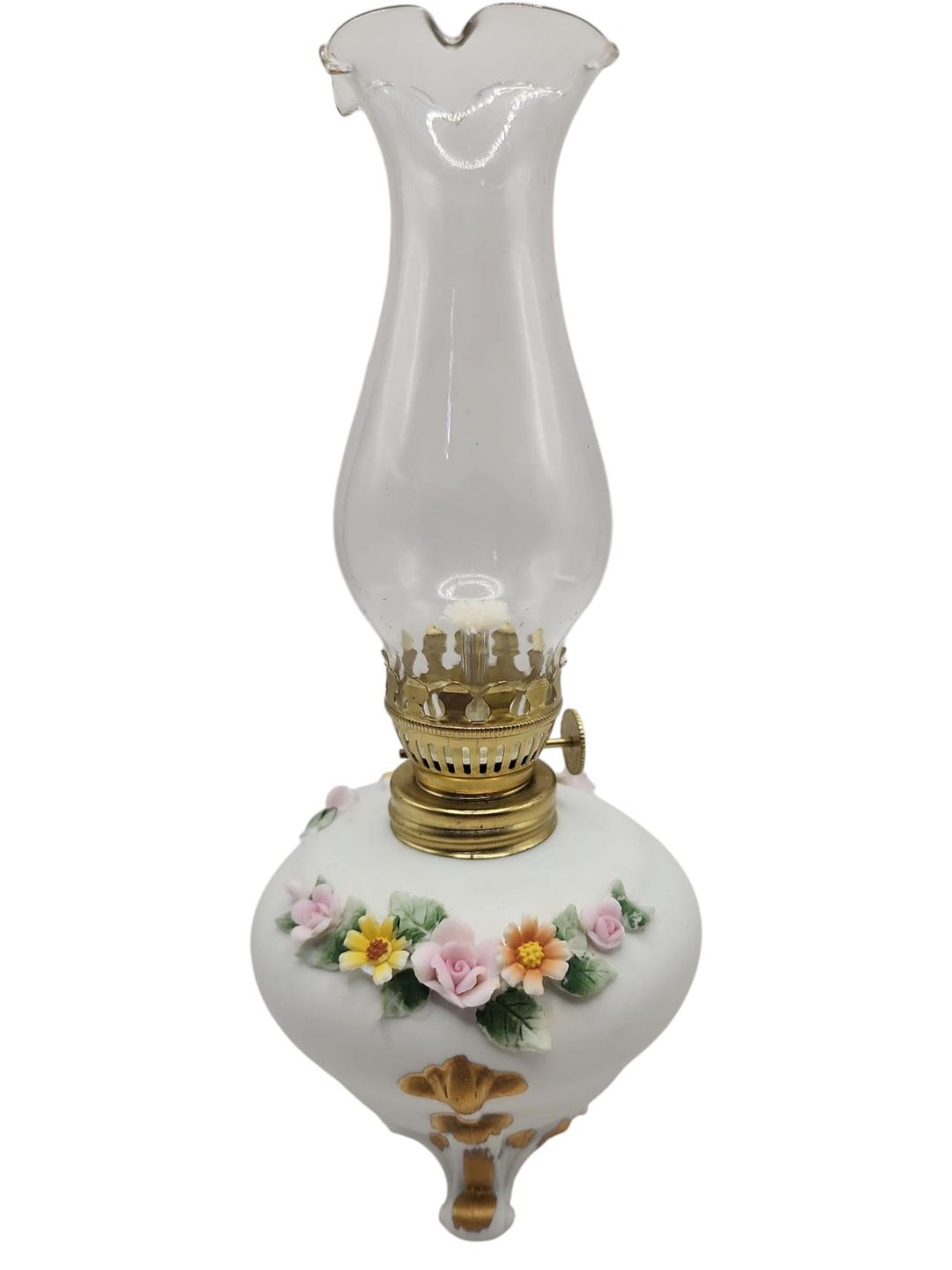 White Vintage Lefton Hurricane Oil Lamp With Pink Roses Porcelain ...