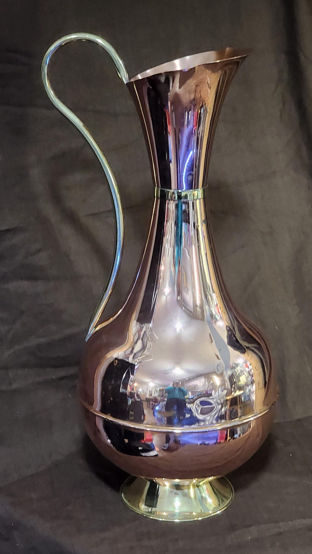 Vintage Copper Portugal Pitcher Vase Patina Brass Handle & Ring Retro ...