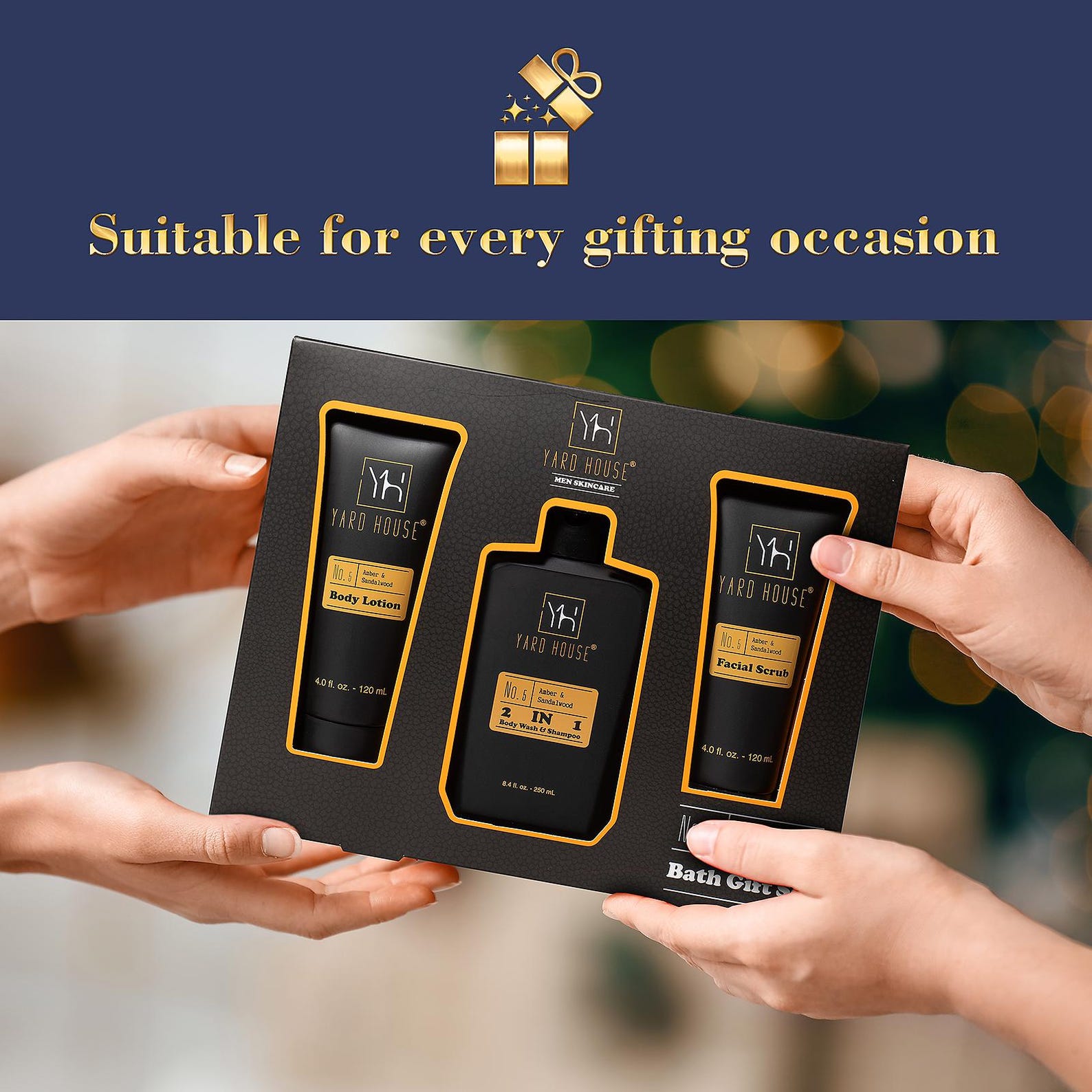 Men's Sandalwood Amber Bath Gift Set: Body Wash, Lotion & Facial Scrub ...