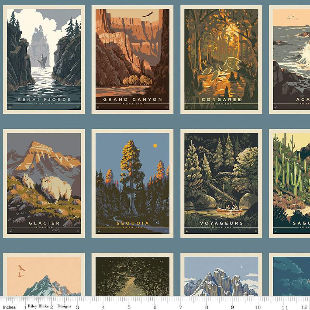Riley Blake - National Parks Postcards 24" PANEL in Blue (63 Postcards ...