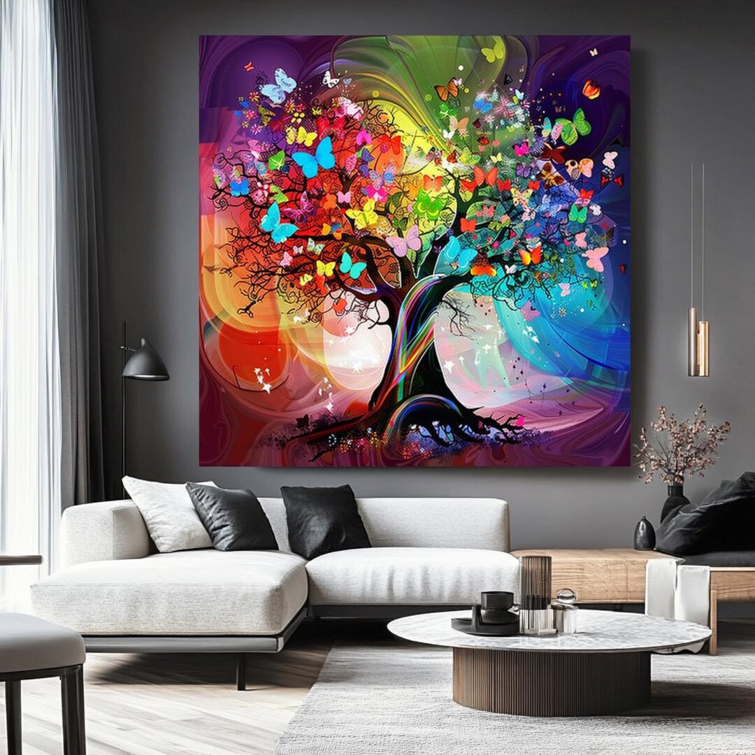 Vibrant Tree of Life Wall Art Print - Vibrant Butterfly Tree Canvas ...