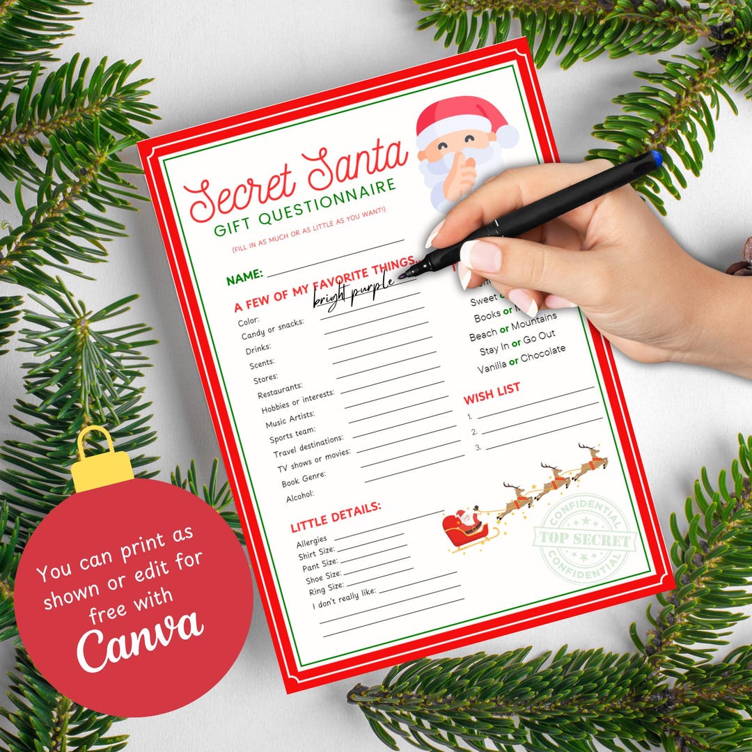 Printable Secret Santa Gift Questionnaire - Etsy