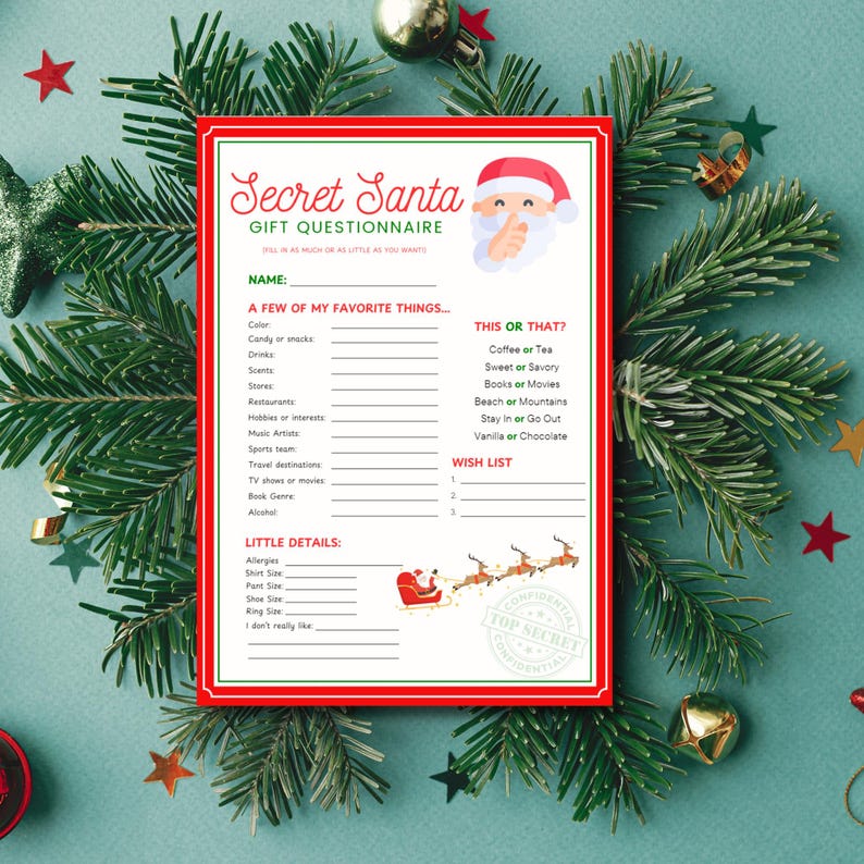 Printable Secret Santa Gift Questionnaire - Etsy