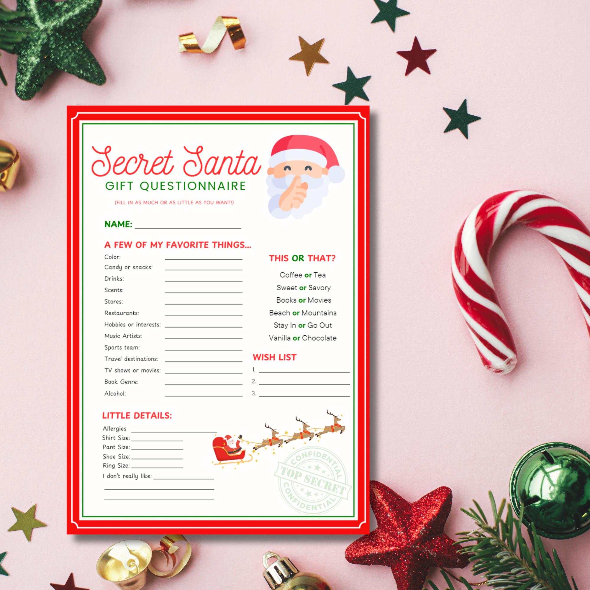 Printable Secret Santa Gift Questionnaire - Etsy