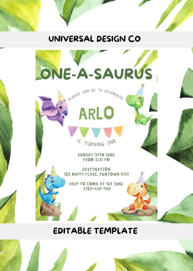 ONE-A-SAURUS First Birthday Invitation 'editable Template' - Etsy