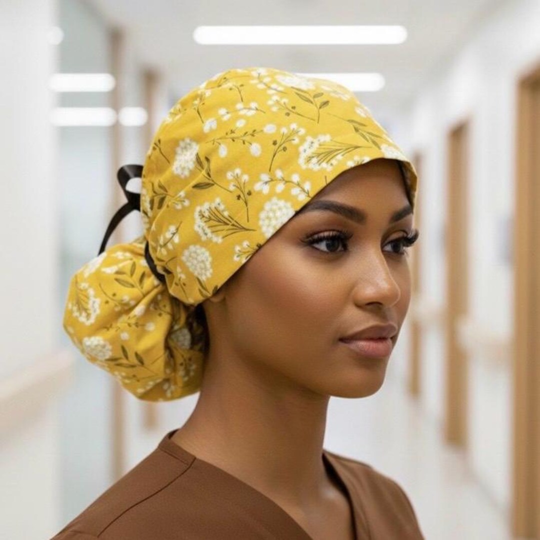 Yellow and White Floral Print Surgical Scrub Cap With Ponytail Nurse ...