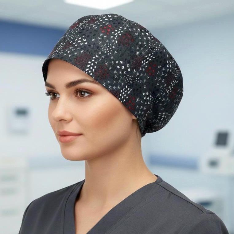 Surgical Scrub Cap Euro Style Nurse Uniform Hat Black With Small Red ...