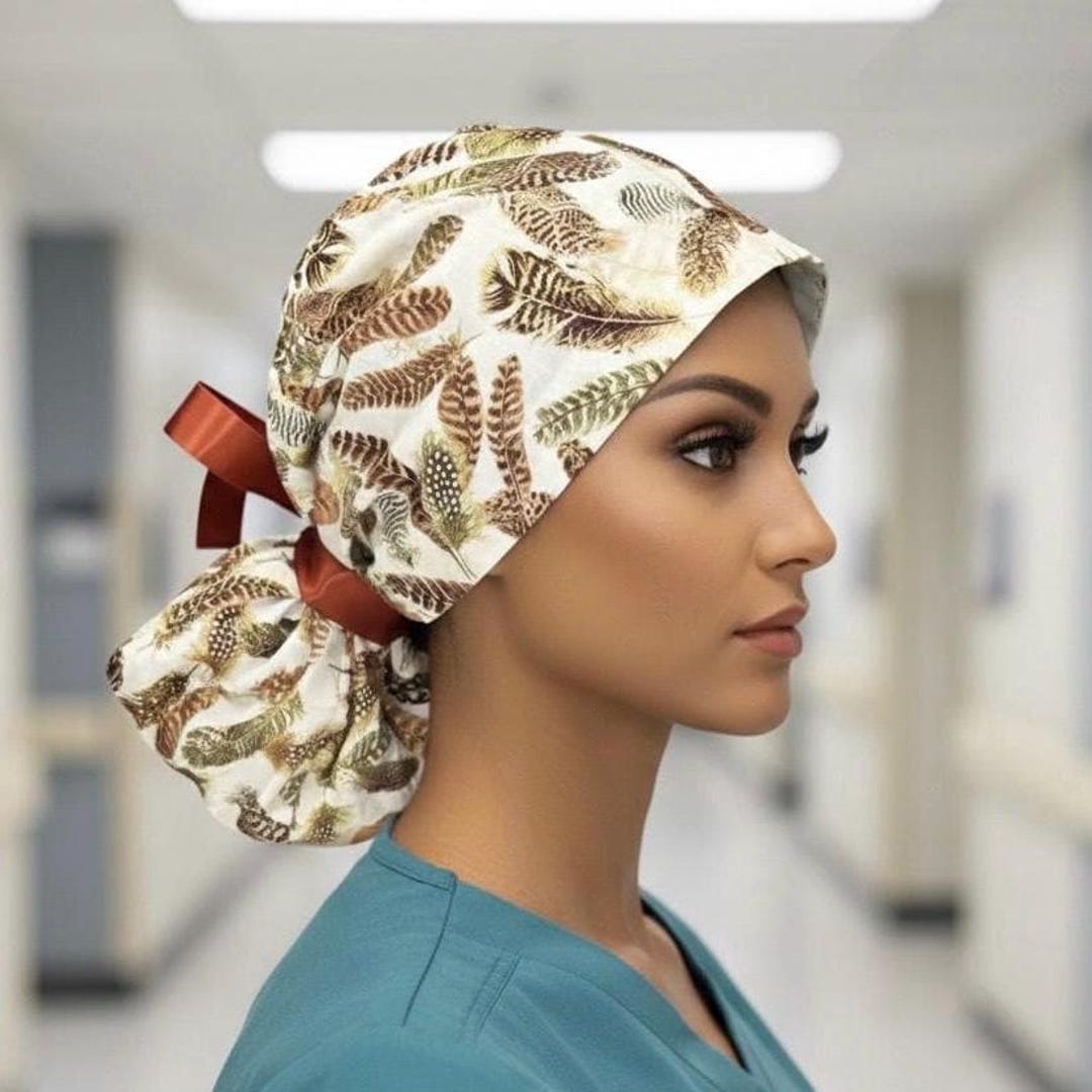 Feathers Print With Brown Ribbon Tie Surgical Scrub Cap With Ponytail ...
