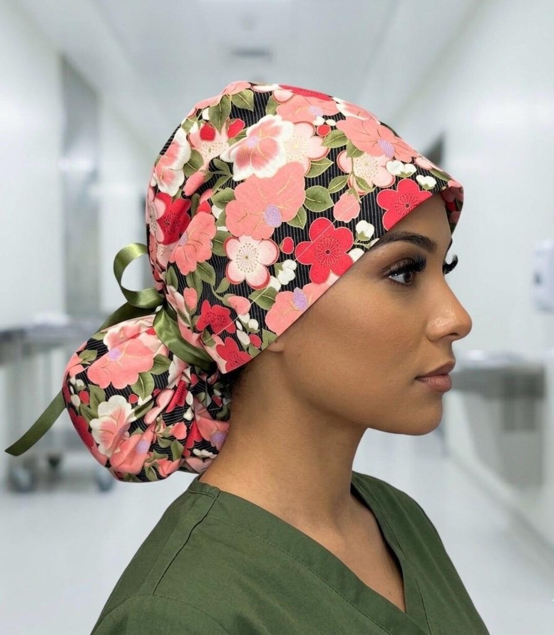 Pink Floral Print Surgical Scrub Cap With Ponytail Nurse Uniform Hat ...