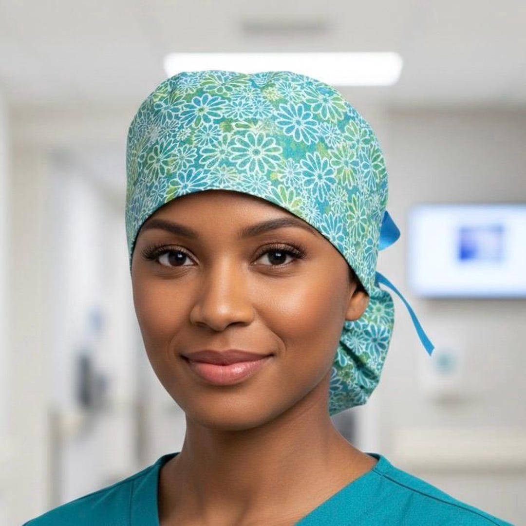 Surgical Scrub Cap With Ponytail Blue and Green Floral Print Nurse ...