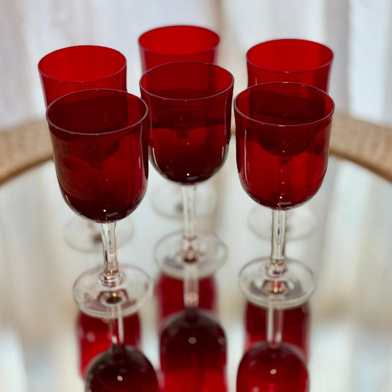 Vintage Mid-century Ruby Red Goblets – Clear Stem Glassware, Set of 6 ...