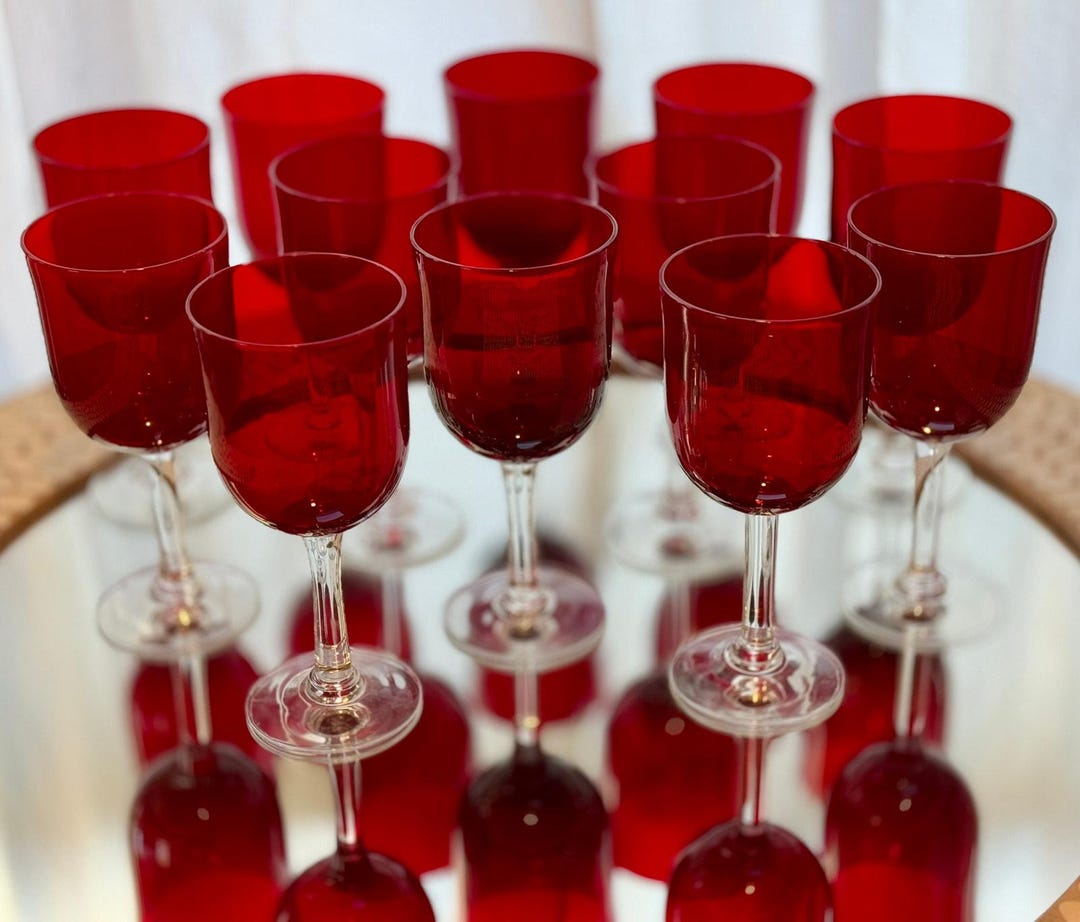 Vintage Mid-century Ruby Red Goblets – Clear Stem Glassware, Set of 6 ...
