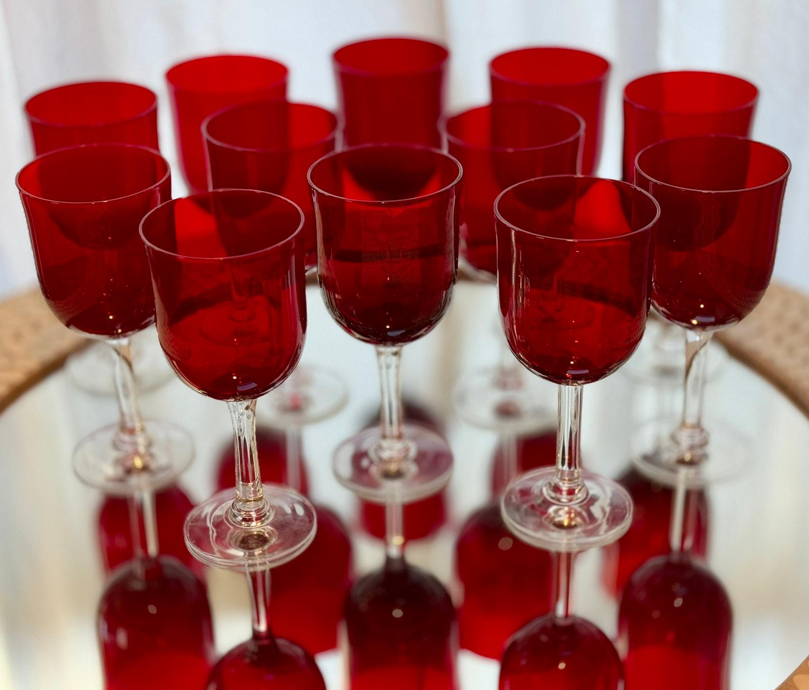 Vintage Mid-century Ruby Red Goblets – Clear Stem Glassware, Set of 6 ...