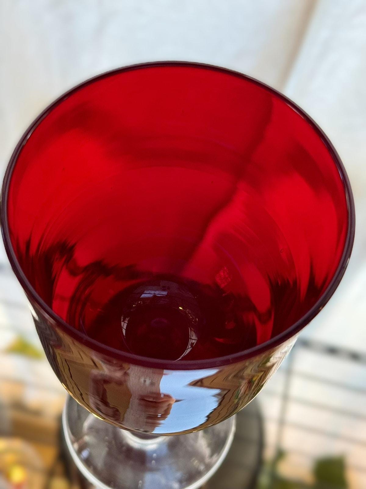 Vintage Mid-century Ruby Red Goblets – Clear Stem Glassware, Set of 6 ...