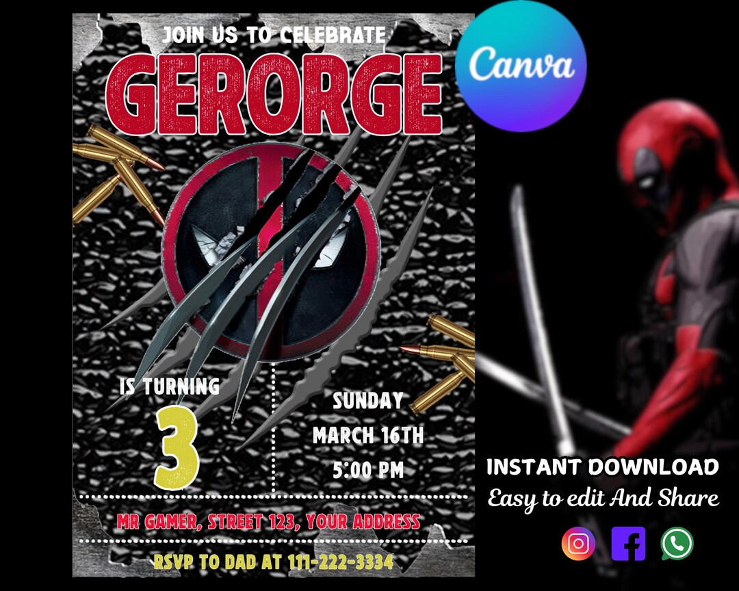 Editable Deadpool Birthday Invitation | Printable Deadpool Birthday ...