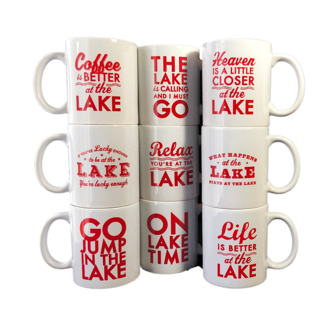 Lake House Coffee Mugs - Set of 9 White Mugs With Red Text - Etsy