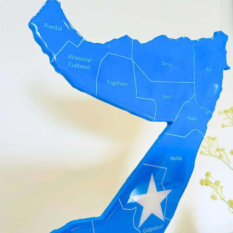 Somalia Map, Somali Flag Colors, Engraved Somalia Regions, Glossy Resin ...