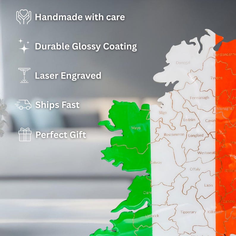 Ireland Map, Irish Flag, Engraved Counties, Glossy Resin Finish - Etsy