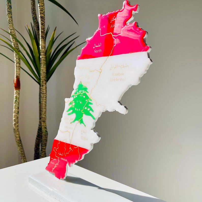 Lebanon Map, Flag Colours, Engraved Governorates - Resin Finish ...