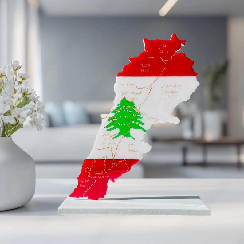 Lebanon Map, Flag Colours, Engraved Governorates - Resin Finish ...