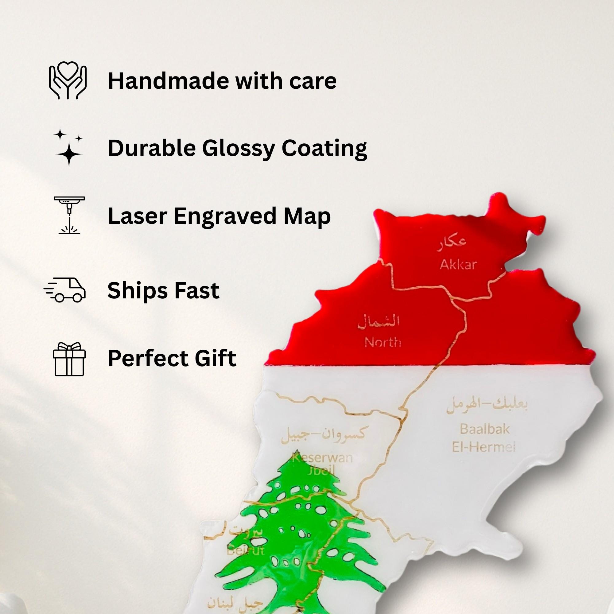 Lebanon Map, Lebanon Flag Colours, Engraved Governorates- Resin Finish ...