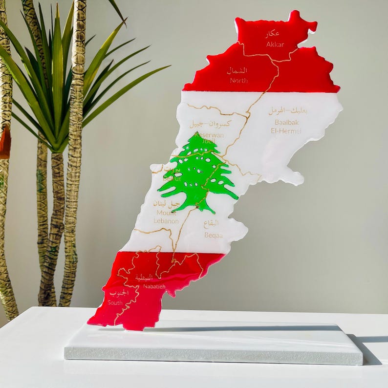 Lebanon Map, Flag Colours, Engraved Governorates - Resin Finish ...
